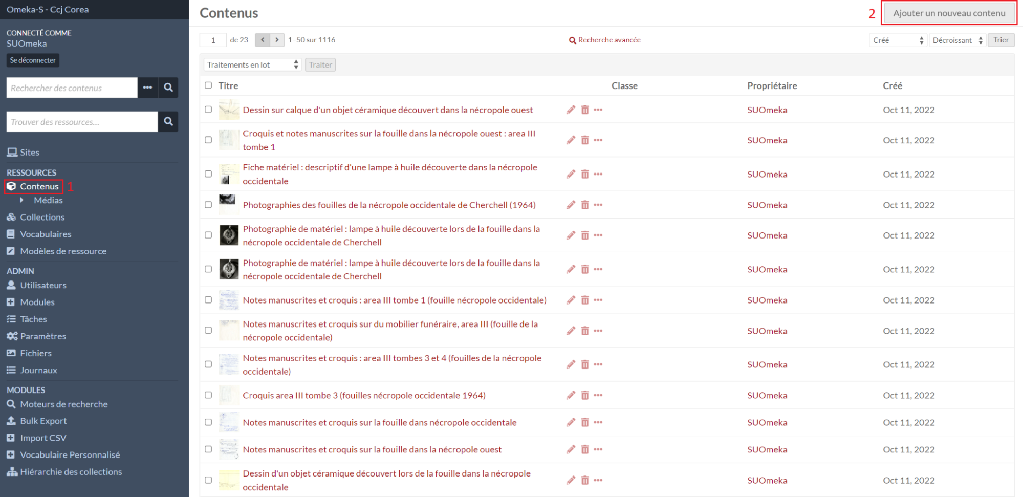 Contenus - Guide Omeka S