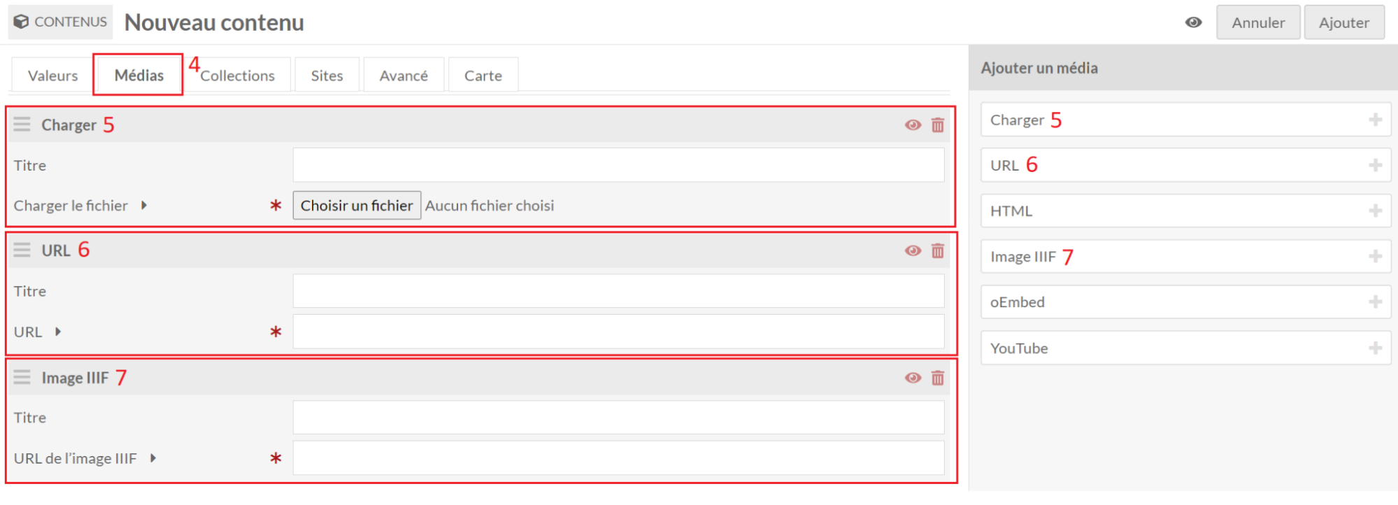 Contenus - Guide Omeka S